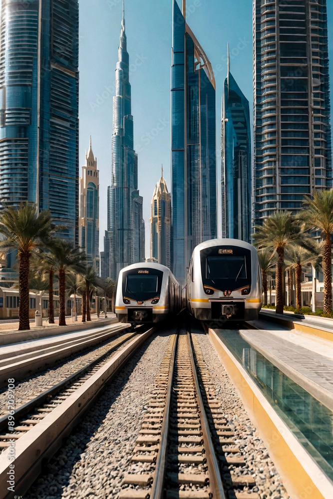 Train on railway of Dubai subway at glass urban skyscrapers backdrop in ...