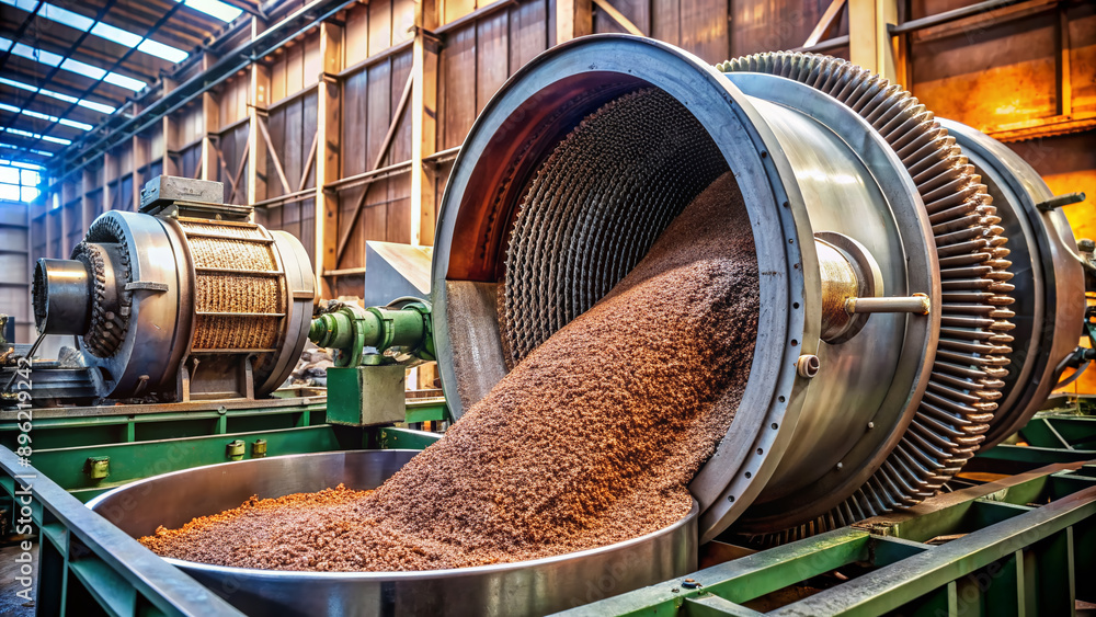 Inside a massive rotating drum machine, iron pellets in various sizes ...