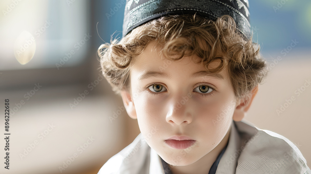 Young Jewish boy with curly hair wearing a traditional kippah, gazing ...