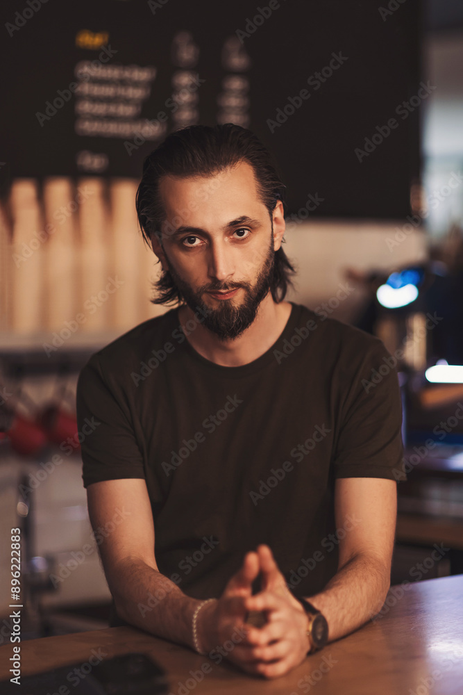 Coffeemaker. Professional Barista Smiling Posing Standing At Bar ...