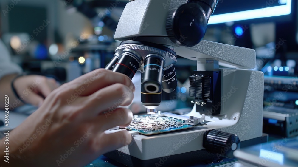 A technician using an electron microscope to inspect computer chips for ...