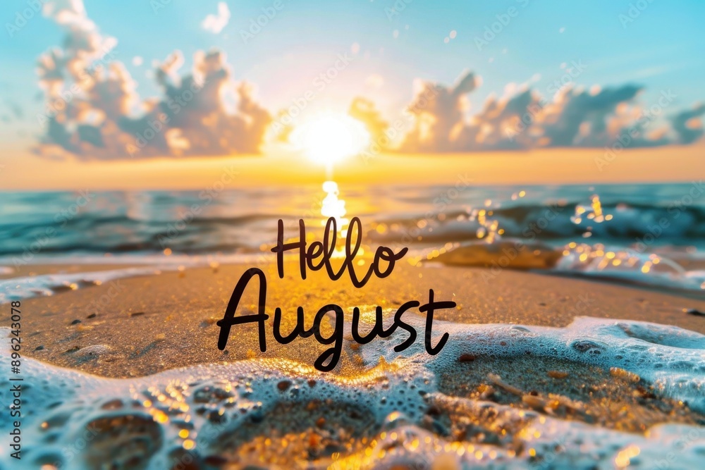 "Hello August" written in black on an orange beach background at sunset ...