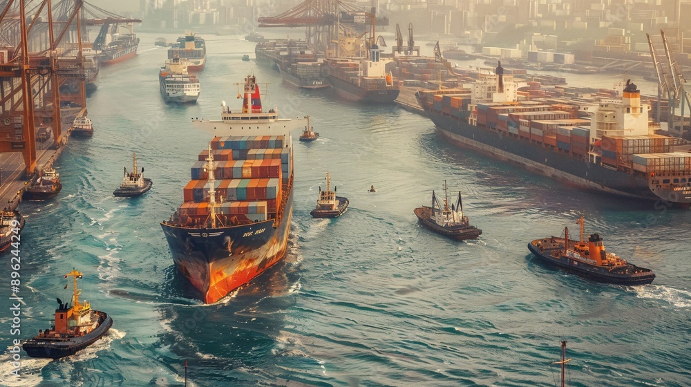 A bustling harbor with container ships, tankers, and sailboats ...