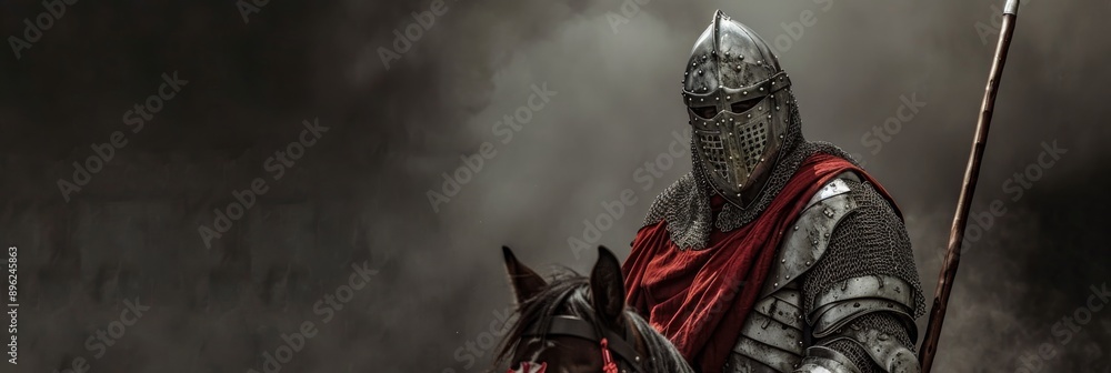 A medieval reenactor in full armor is mounted on a horse, holding a ...