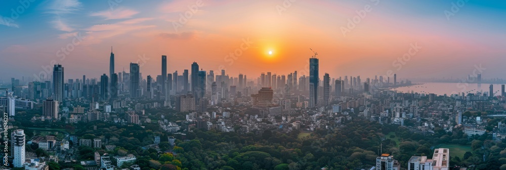 A panoramic view of Mumbai's skyline at sunset, showcasing the contrast ...