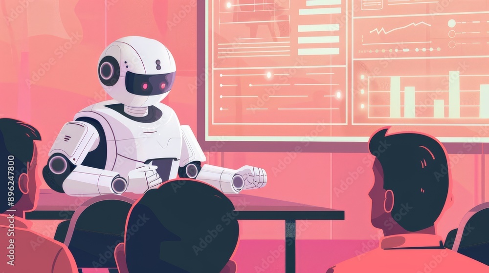 Robot giving a presentation to an audience in a modern classroom ...
