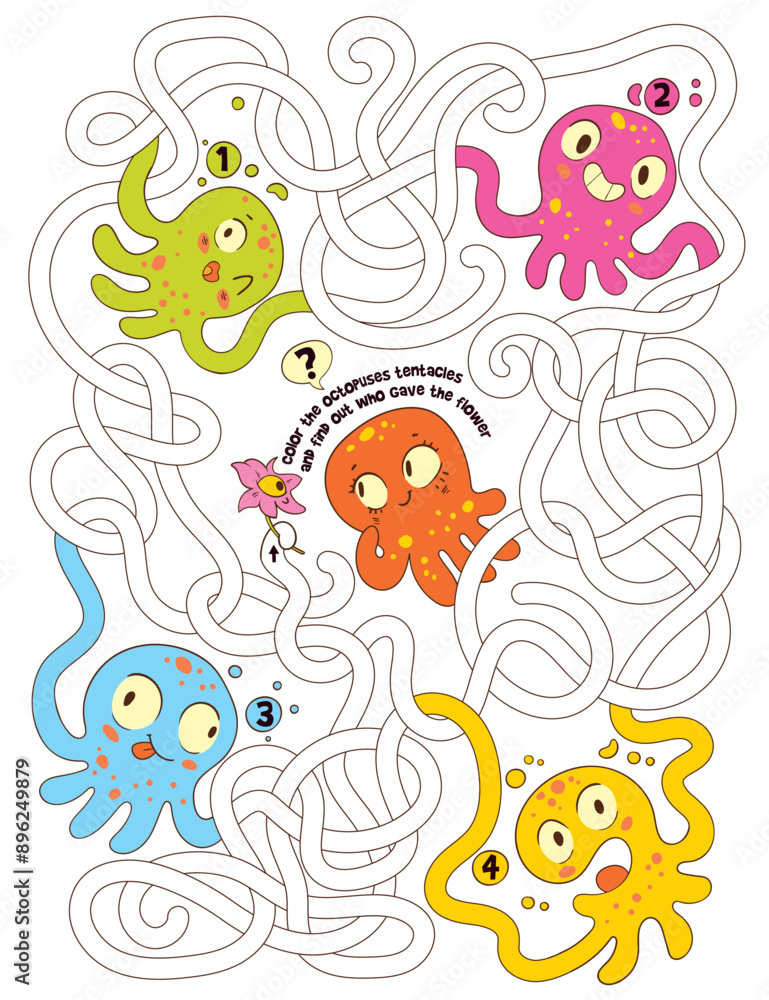 Children logic game to pass the maze. Color the octopuses tentacles and ...