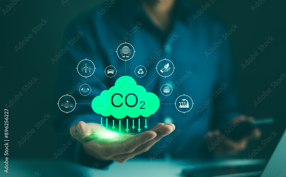Carbon footprint concept. Man hand holding carbon reduction icon. Net zero and carbon neutral ...