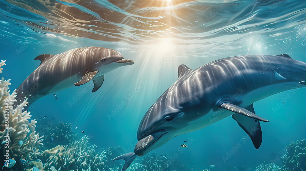 dolphins in the water column swim underwater in the ocean, dolphins ...