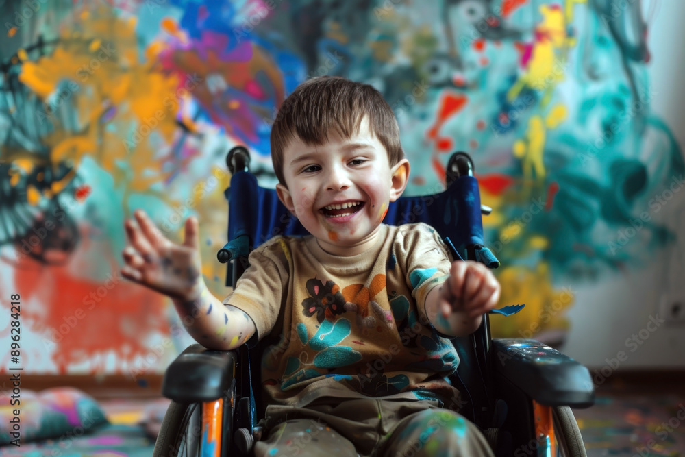 Smiling disabled child with spina bifida stained with paint. Boy in ...