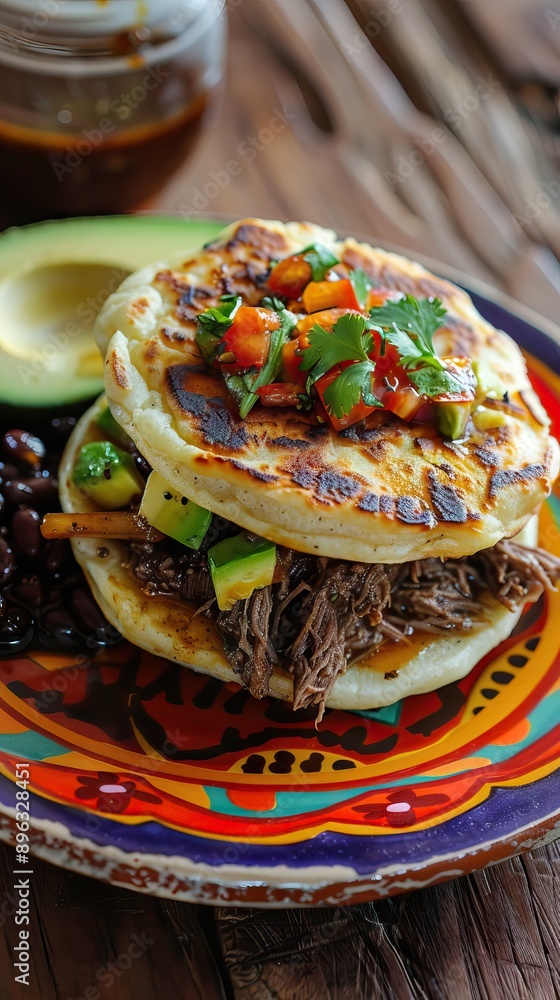 Close upd esde arriba de Arepa rellena de carne en hebras (carne ...