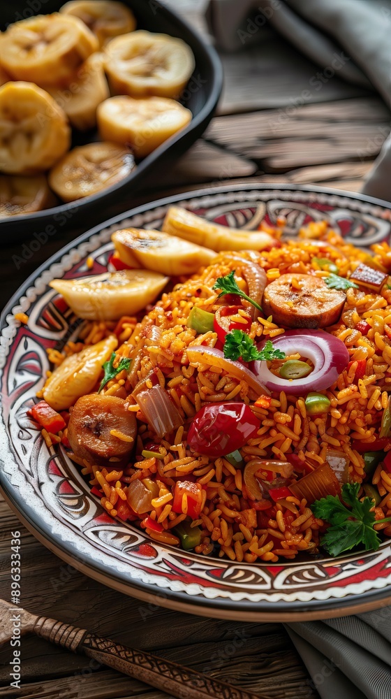 ภาพประกอบสต็อก Jollof rice on a white plate, homemade nigerian jollof ...