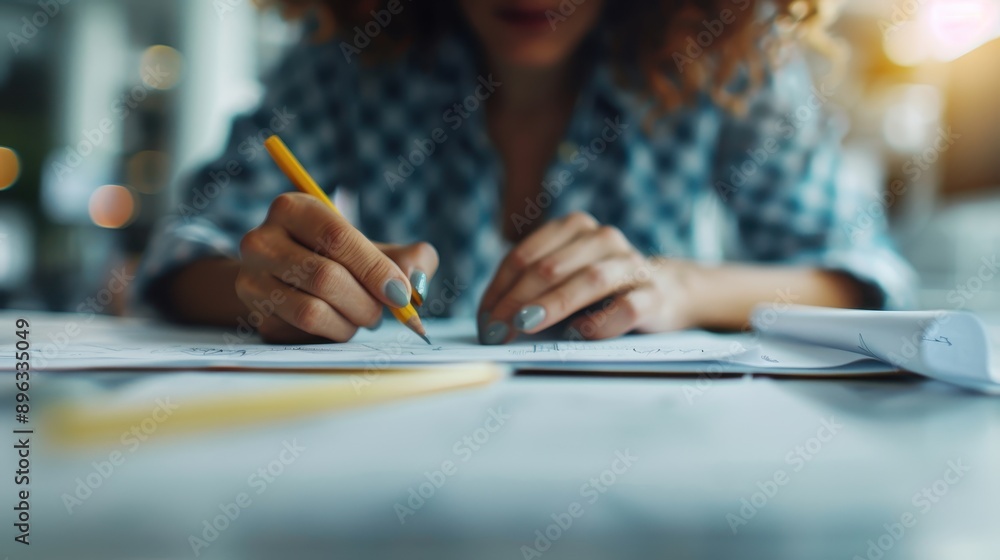A woman with curly hair is intensely focused on writing with a pencil ...