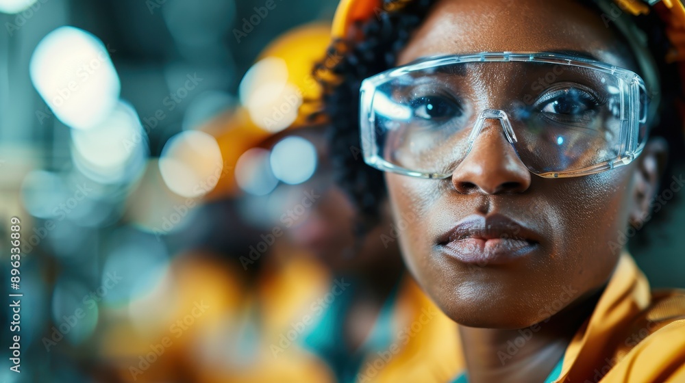 A worker focused on their task in a bustling factory environment ...