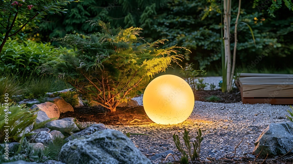 Backyard light garden with electric ground sphere lantern with stone ...