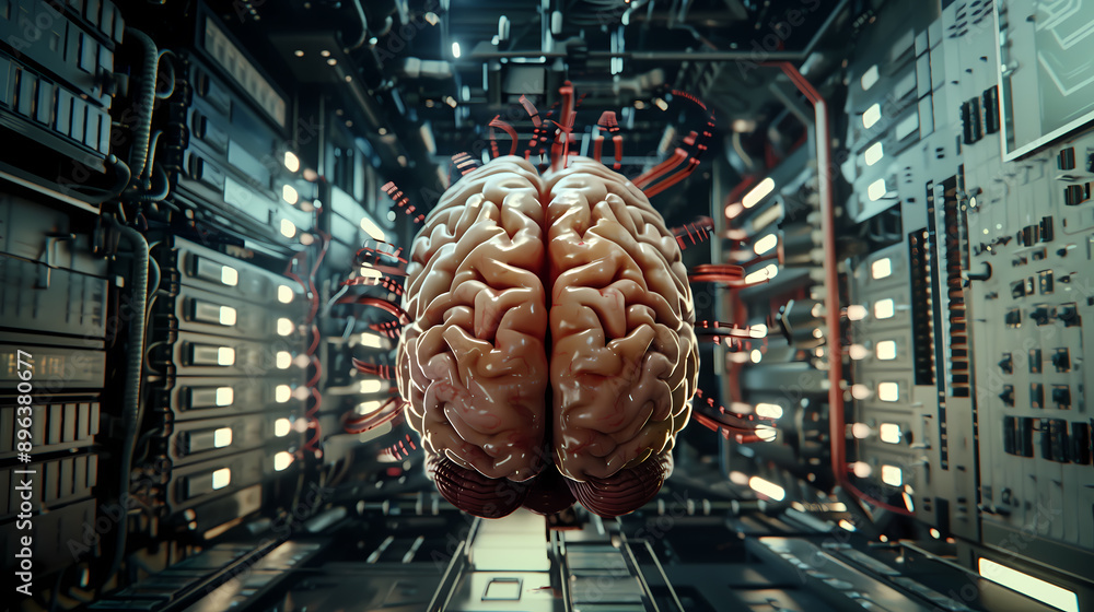 Illustration of a technological vision from the 70s and 80s, the fusion ...