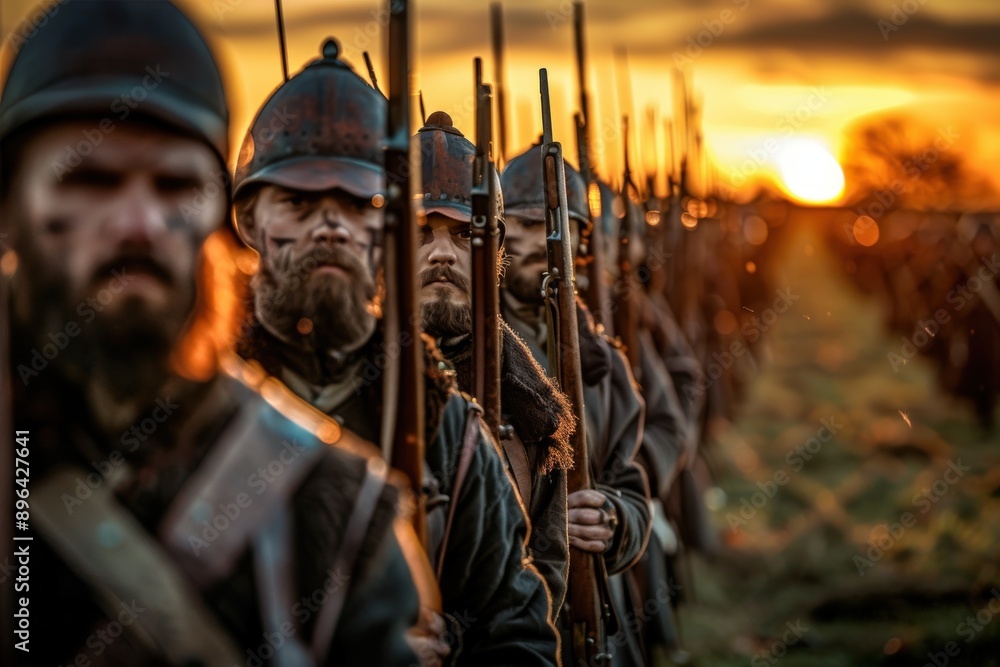 A line of historical soldiers with guns, standing ready at sunset with ...