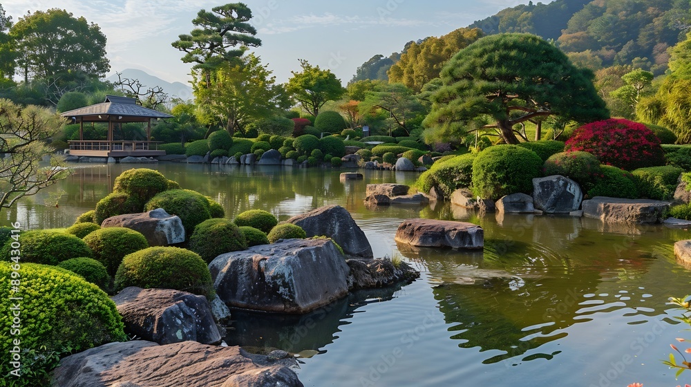 Japanese garden at Ohori Koen Donguri Park in Fukuoka prefecture Kyushu ...