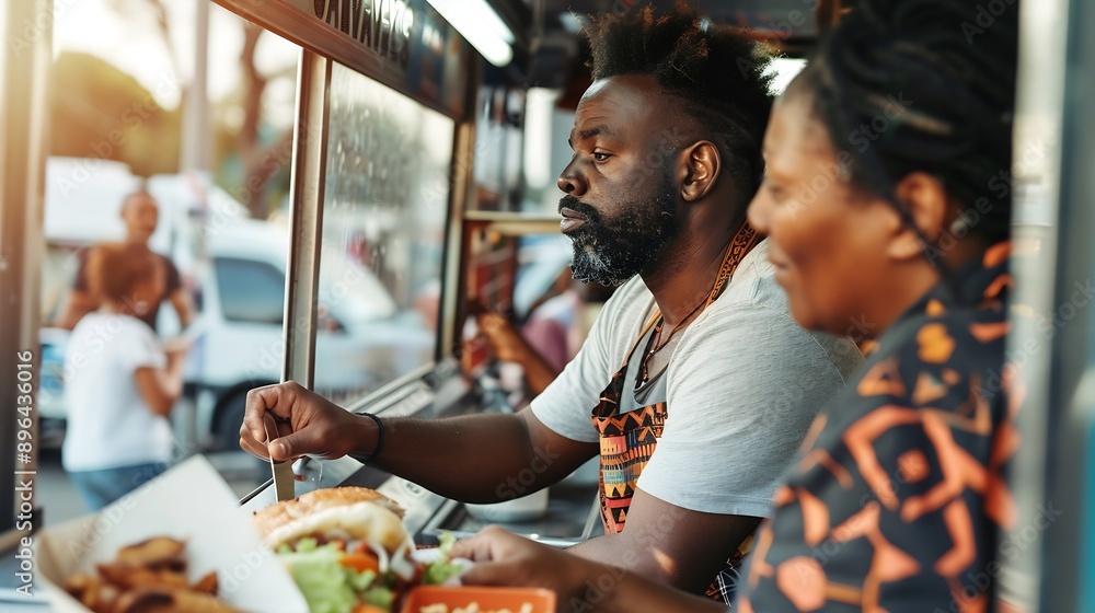 Multiracial people ordering food at counter in food truck outdoor Soft ...