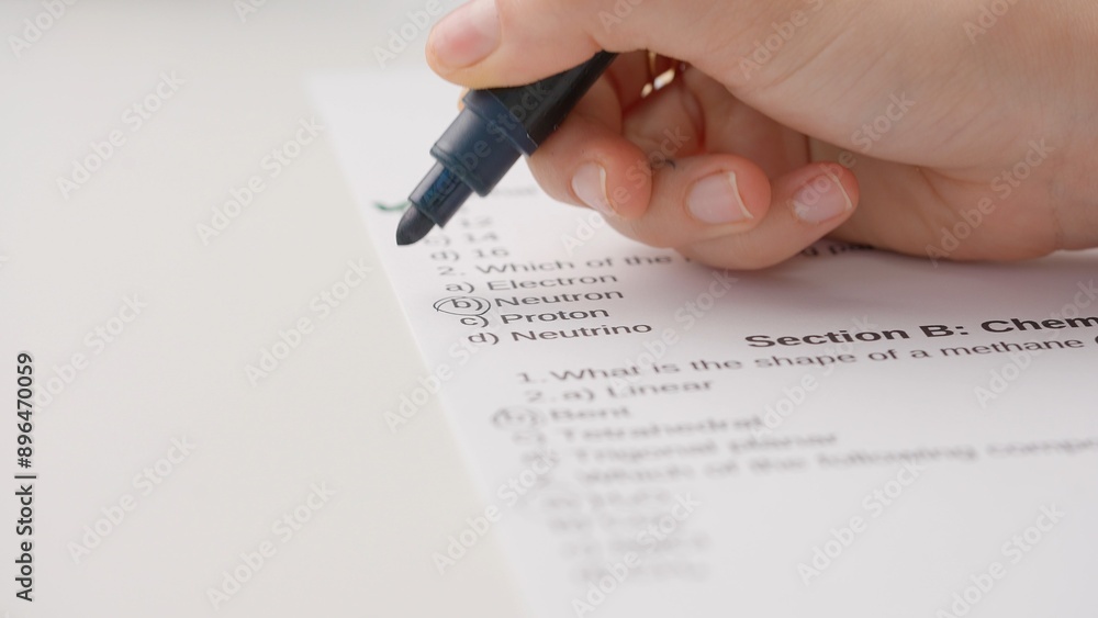 Professional school or college teacher grades a homework exam papers of ...