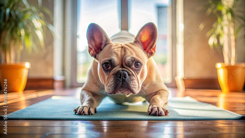Adorable French bulldog sits in downward-facing dog pose on vibrant ...