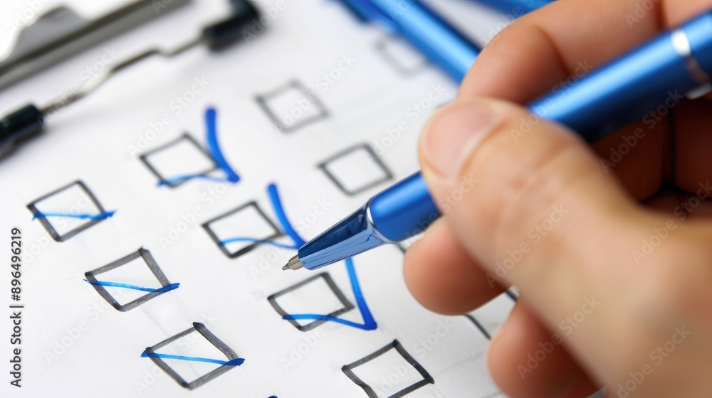 Person using blue pen to tick boxes on checklist with space for notes ...
