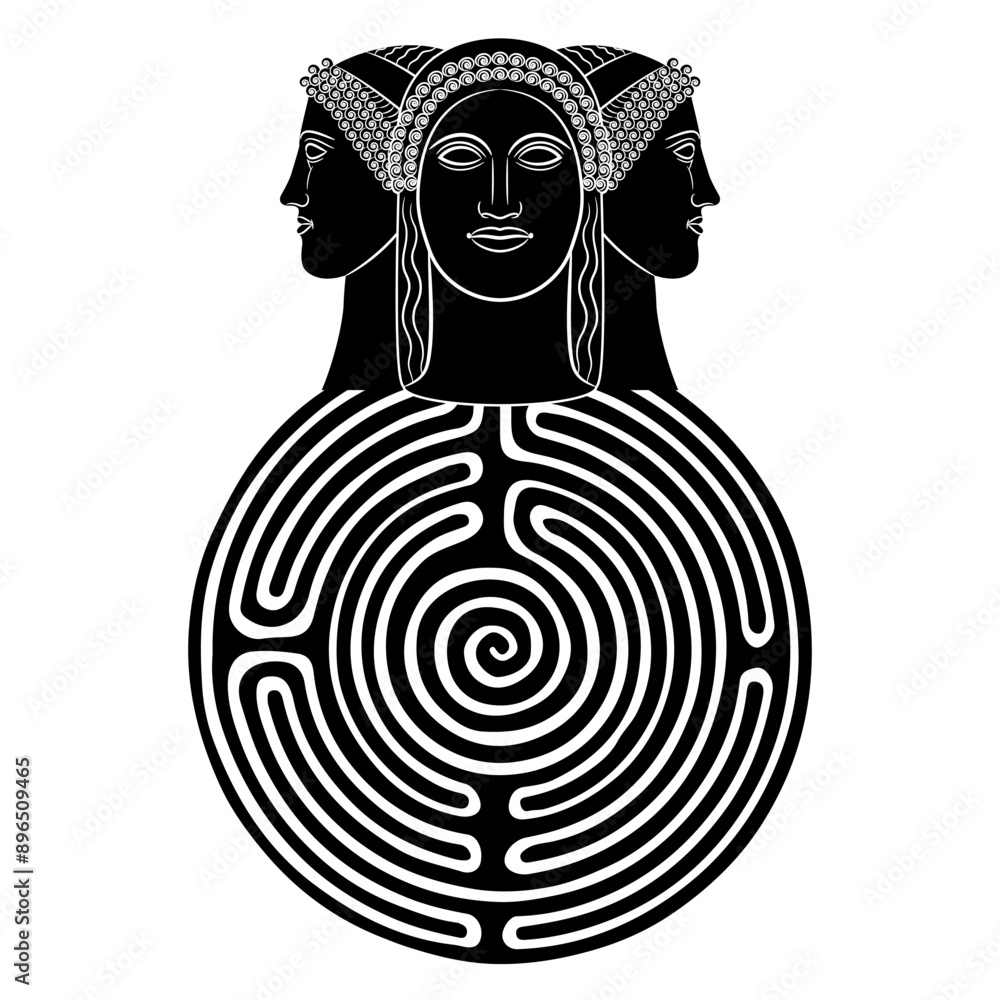 Triple goddess on a round spiral maze or labyrinth symbol. Female triad ...