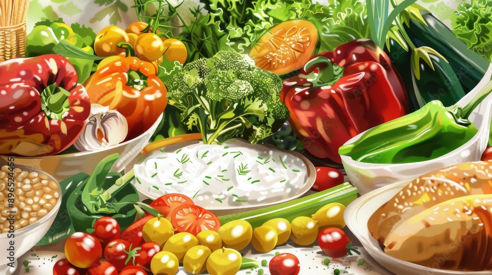 A detailed illustration of a DASH diet plan. featuring vegetables ...