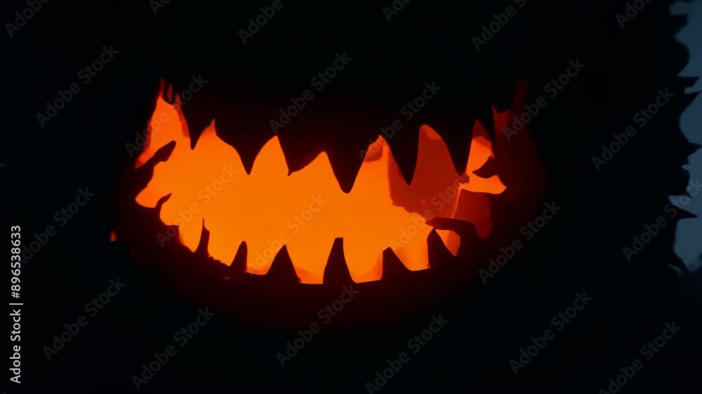 Close-up: Eerie glowing orange mouth emerges from darkness. Sharp teeth ...