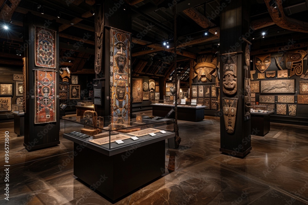 Traditional masks and various artifacts are artistically arranged in a ...