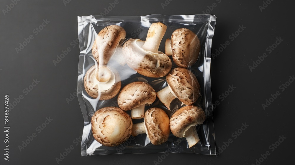 Farm fresh mushrooms in vacuum sealed packaging on black backdrop ...