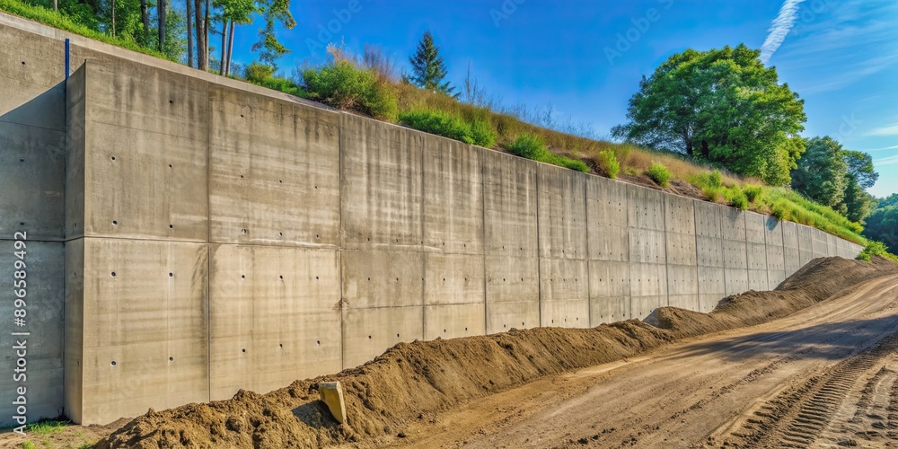 A retaining wall made of concrete bricks holding back soil erosion ...