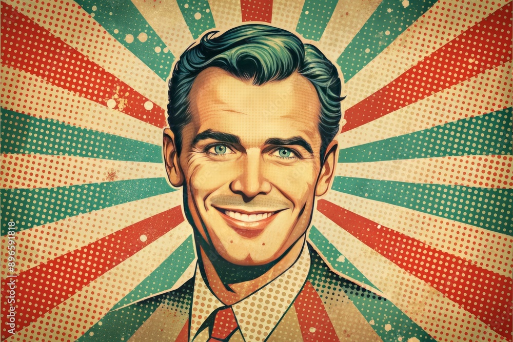 Retro-style advertisement featuring bold half-tone patterns and ...