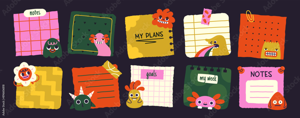 Paper sticky notes. Reminder notes with funny doodle characters ...