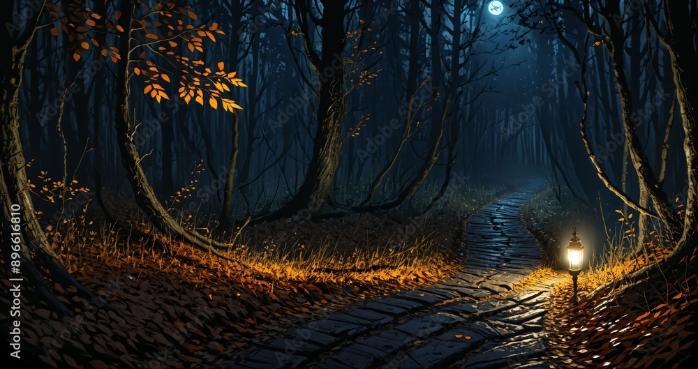 stone sidewalk path walk in the park woods during a dark night sky ...