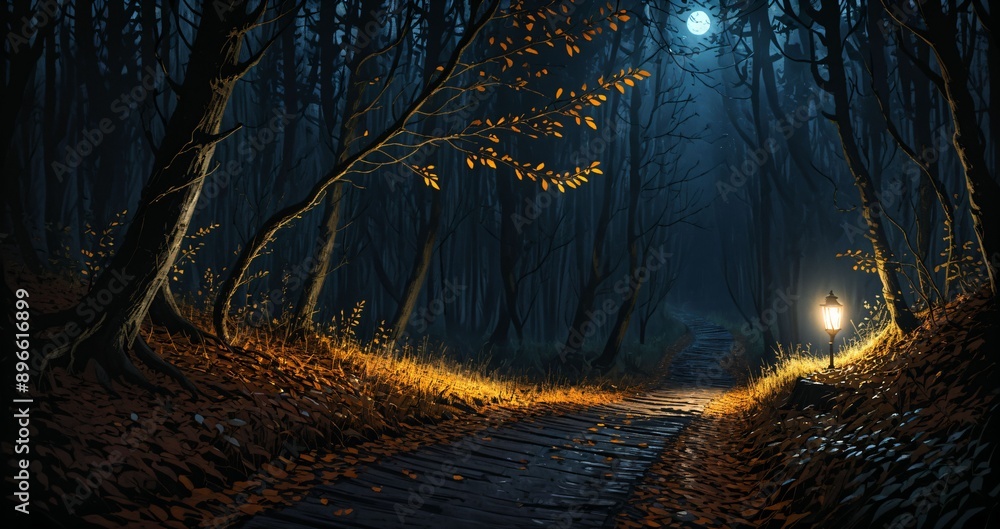 stone sidewalk path walk in the park woods during a dark night sky ...