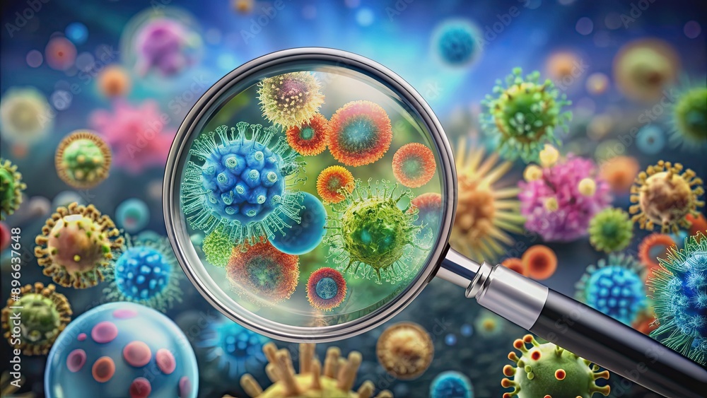 Microbes under a magnifying glass , bacteria, germs, magnification ...