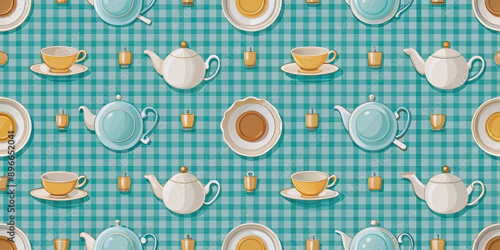Tea time on grid with blue background seamless pattern, tea, time, grid ...
