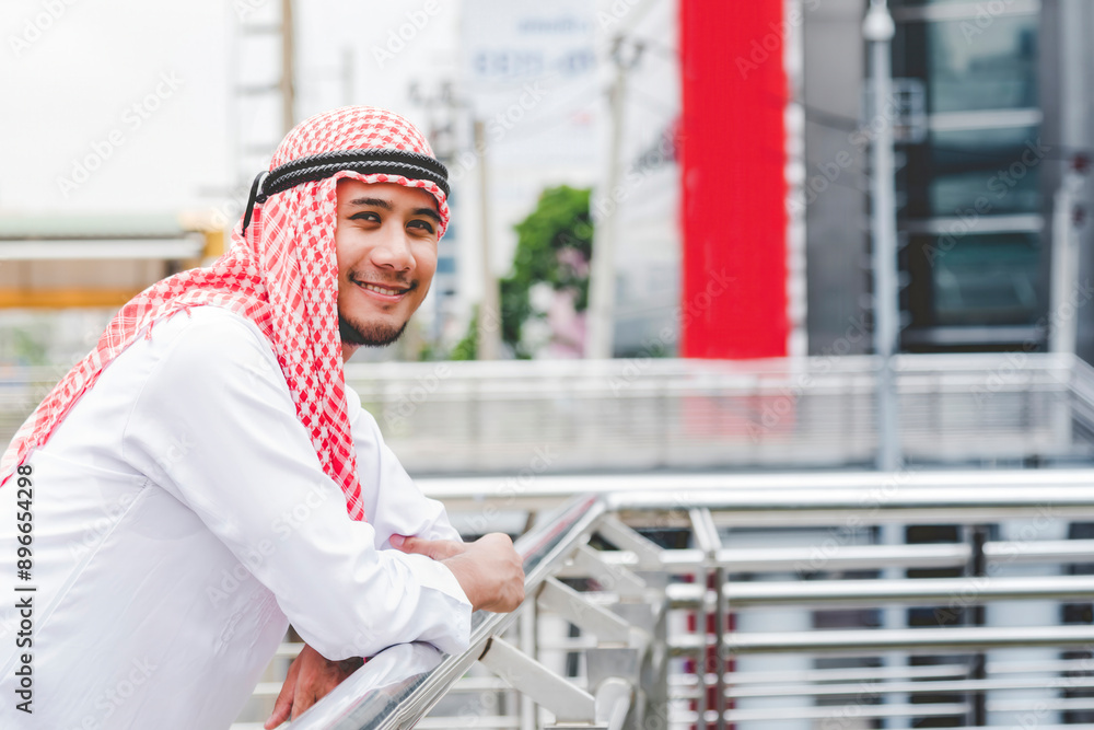 Portrait Islamic man smile look at camera wear muslim dress in modern ...