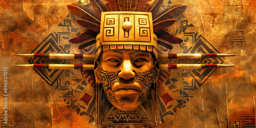 Golden mayan mask depicting mayan culture with arrows and feathers ...