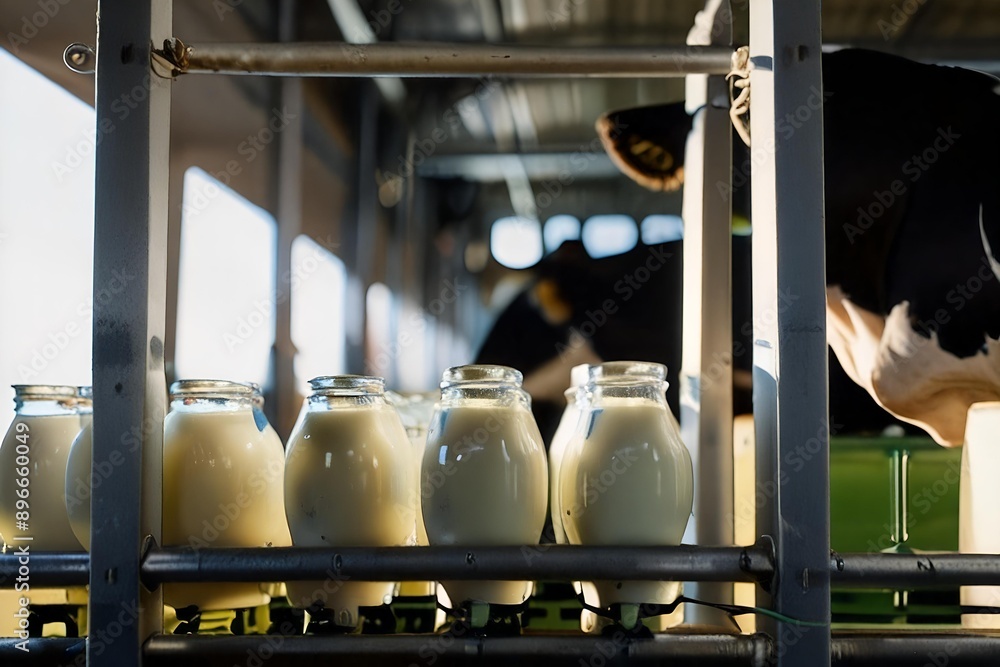 Milk bottles obtained from cows using the latest cow milking machines ...