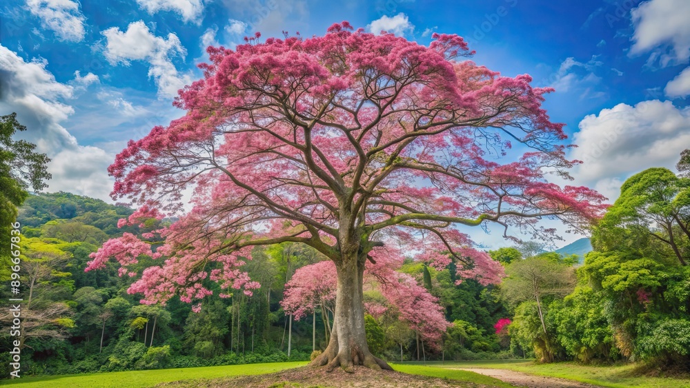 Tall Bombax ceiba tree with pink flowers blooming in a tropical forest ...
