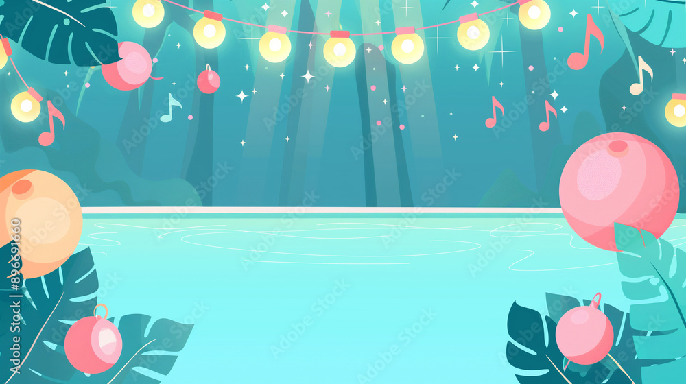 A cartoon illustration of a swimming pool at night with string lights ...