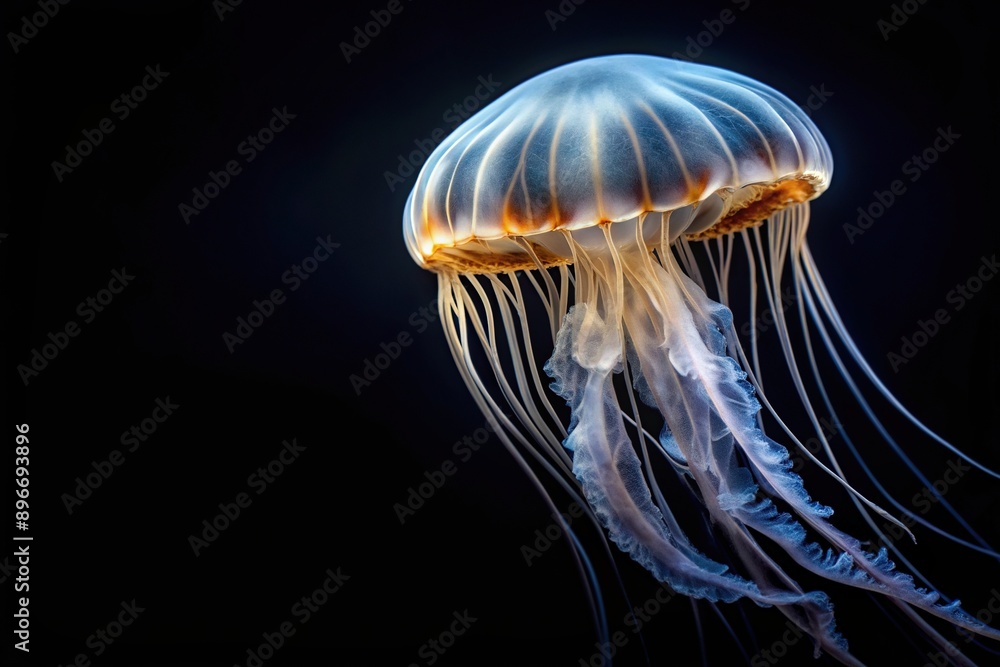 Jellyfish floating against dark black background, tentacles, medusa ...
