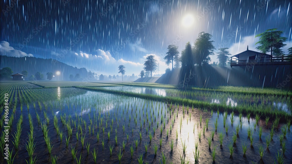 Heavy rain in the ricefield at night, rendered in Unreal Engine in 8k ...