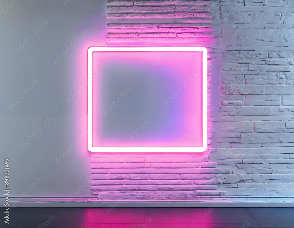 White brick wall with a vibrant pink neon frame, creating a striking ...