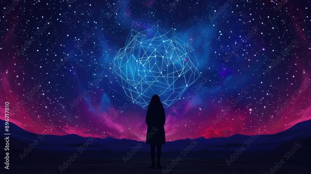 Star-filled night sky with floating ethereal symbols, subconscious ...