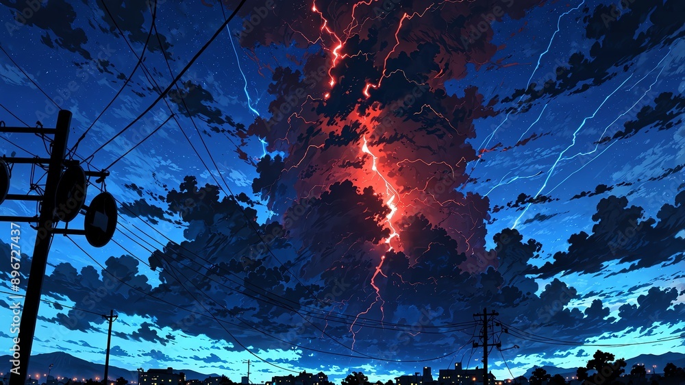 red lightning strike in night sky background design cartoon anime ...