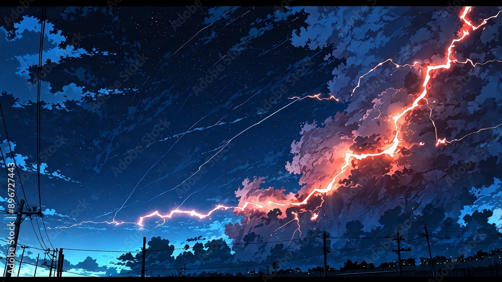 red lightning strike in night sky background design cartoon anime ...