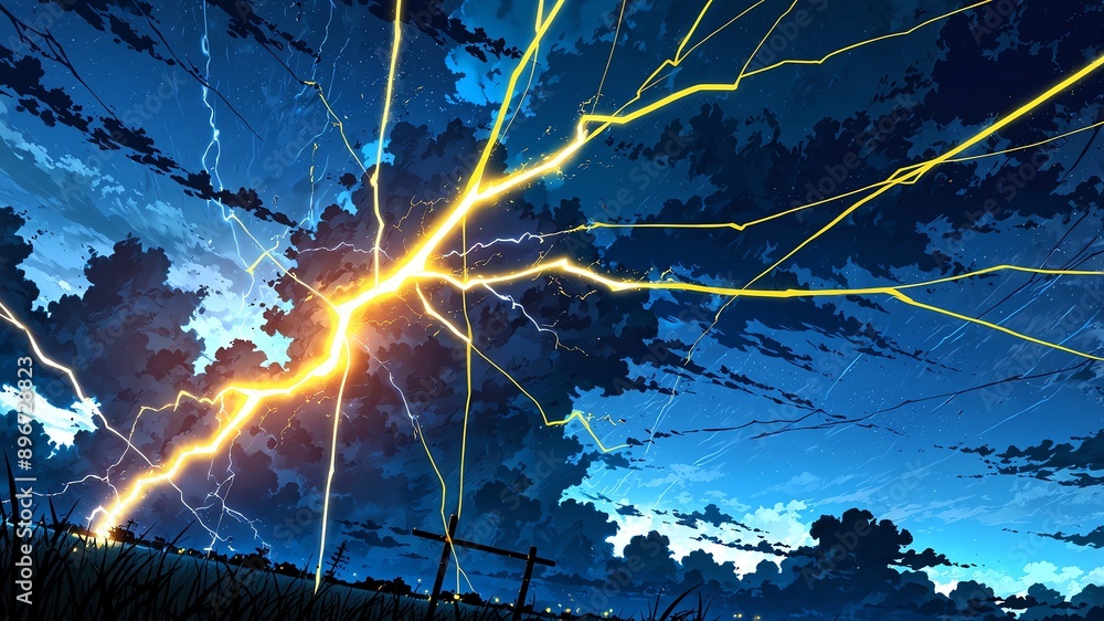 yellow lightning strike in night sky background design cartoon anime ...